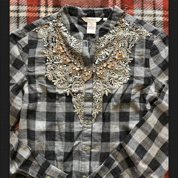 Sundance | Tops | Sundance Catalog 98 Lace Buffalo Check Blouse M ...
